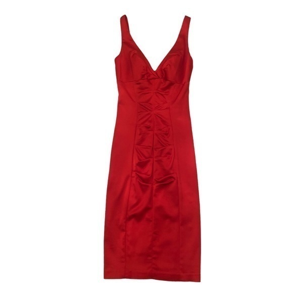Cache | Dresses | Cache Red Fitted Dress With A V Neck And Rushed ...